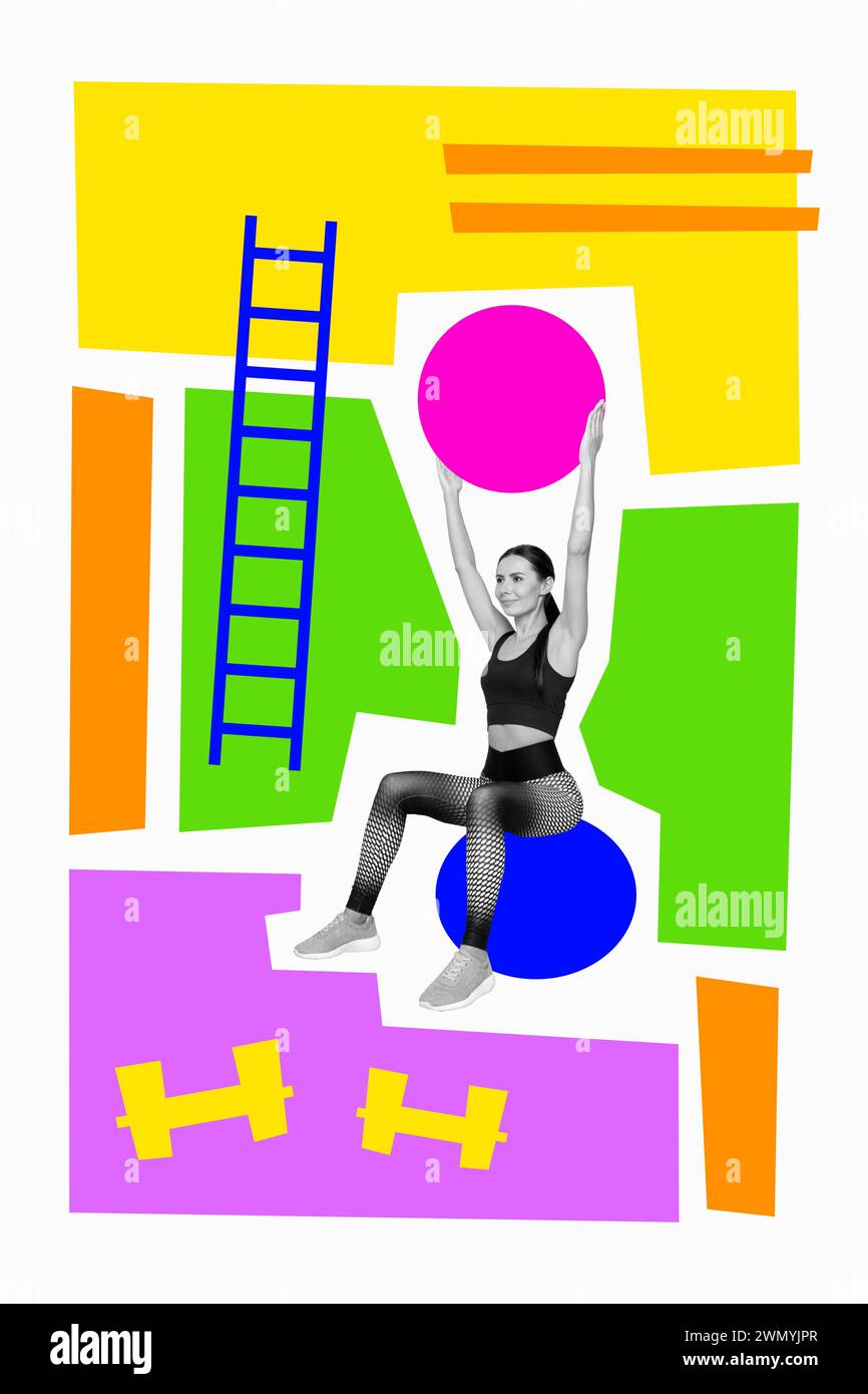 Vertical creative collage picture young sportive girl exercise fitness ...