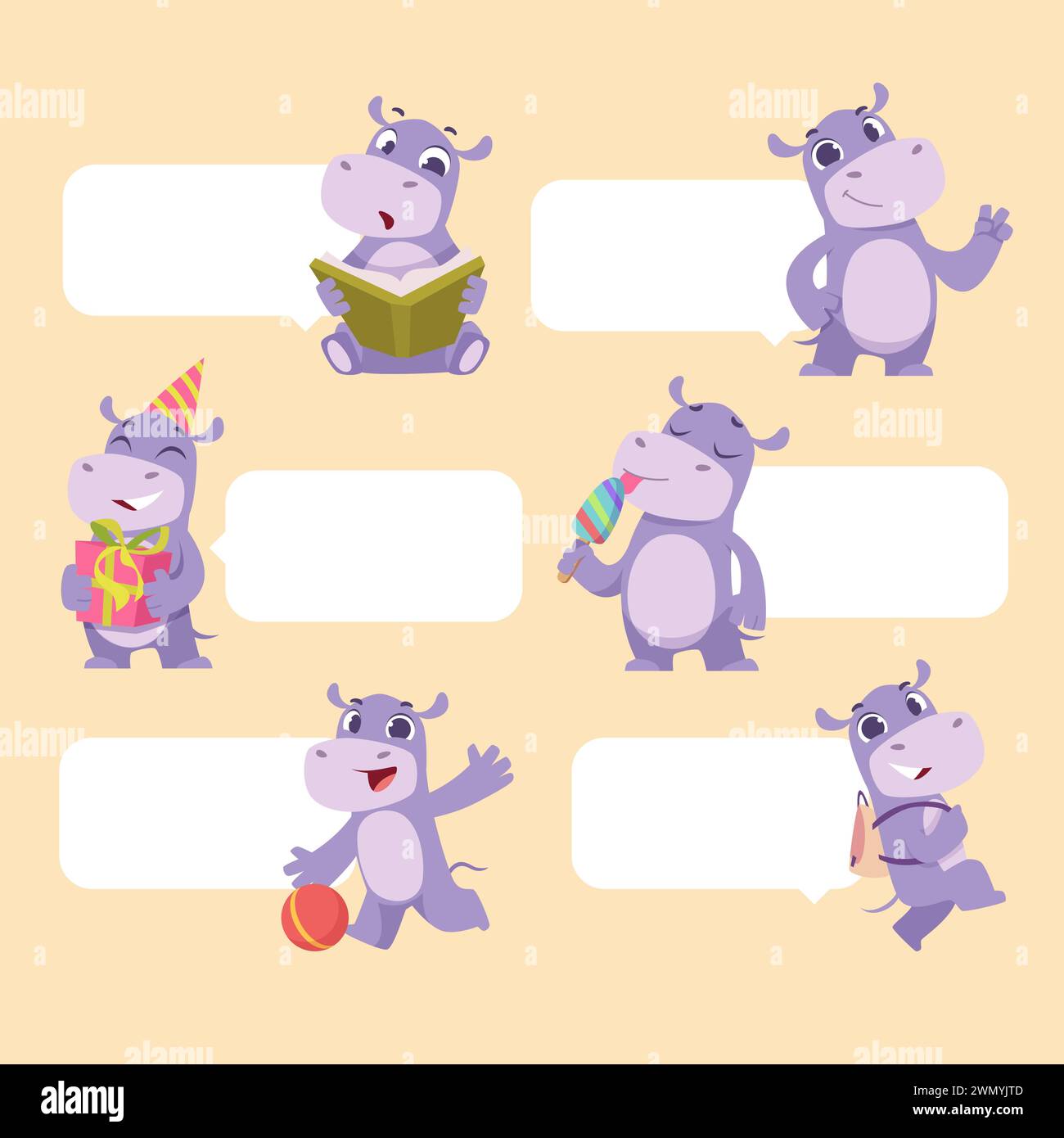 Hippo characters wild animal kids with place for text bubbles vector ...