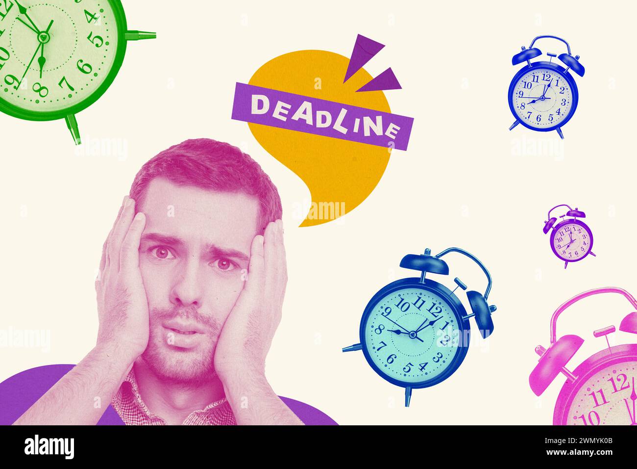 Photo collage young shocked man afraid miss time deadline timer ...