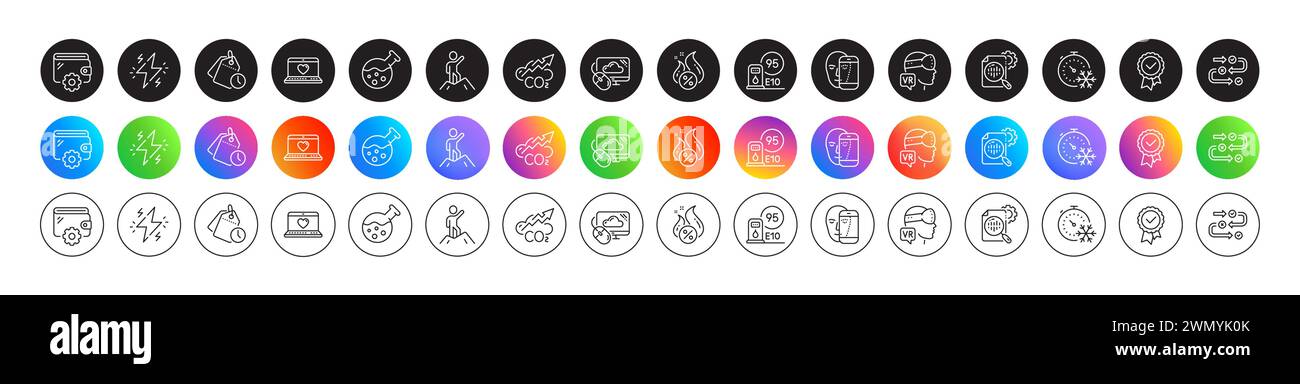 Chemistry lab, Petrol station and Leadership line icons. For web app, printing. Round icon ...