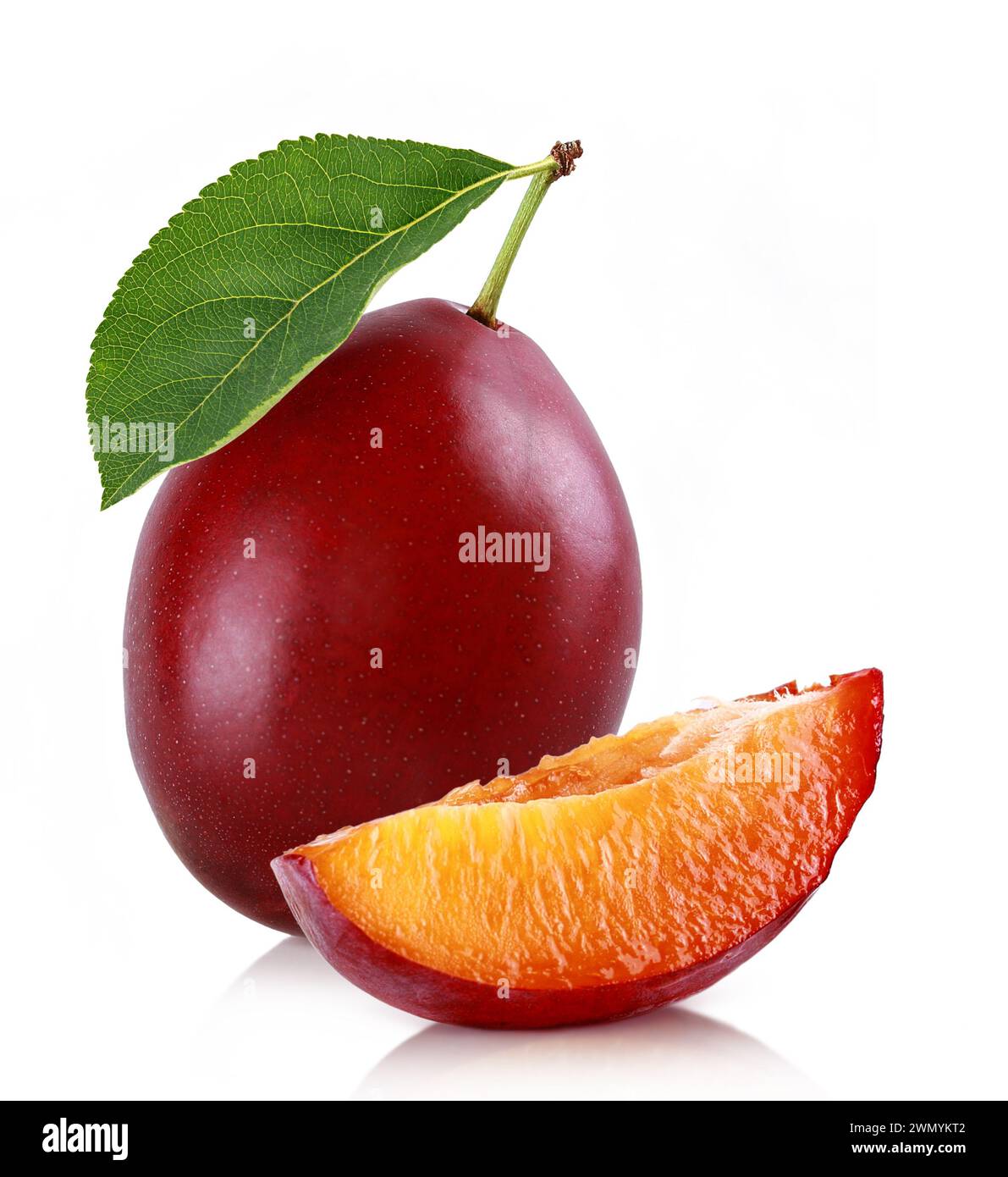 plum with leaf isolated white background Stock Photo - Alamy