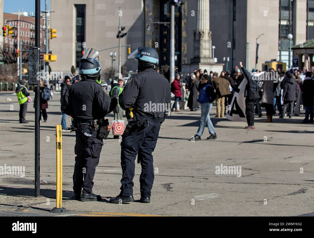 NYPD police officers observe free Gaza Palestinian protest in front of ...