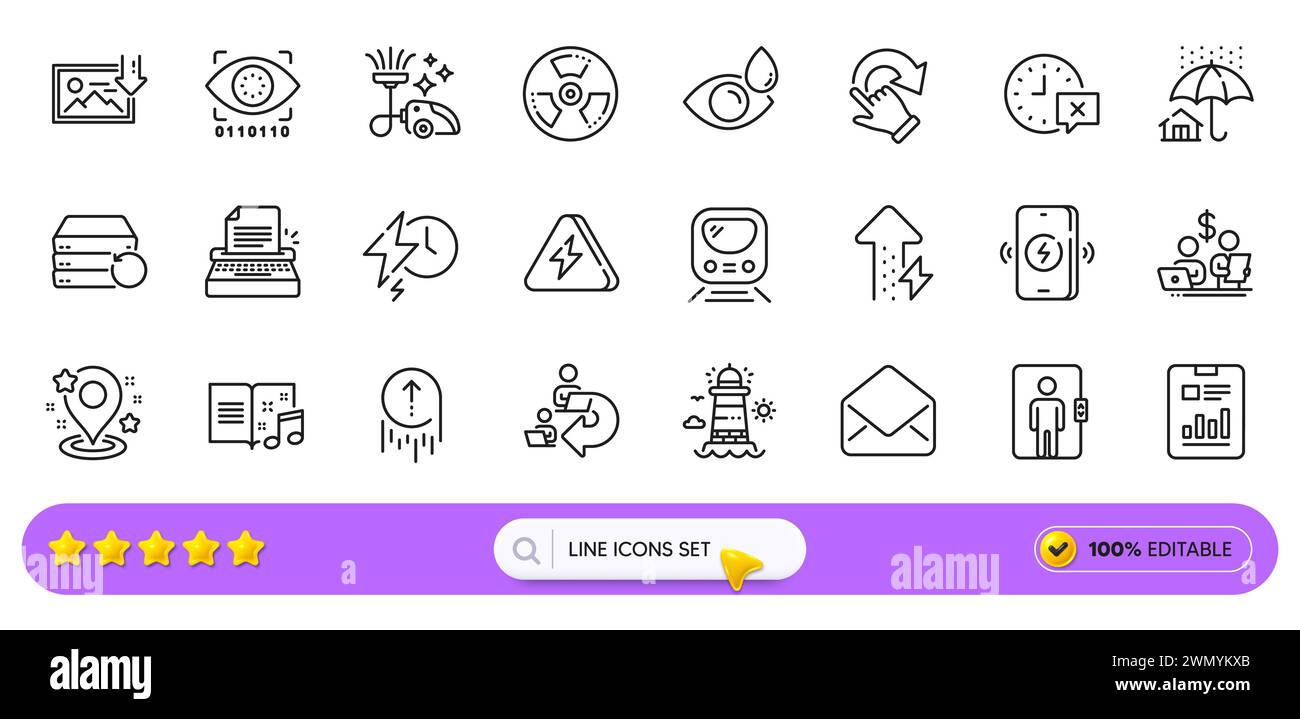 Vacuum cleaner, Music book and Energy growing line icons for web app ...