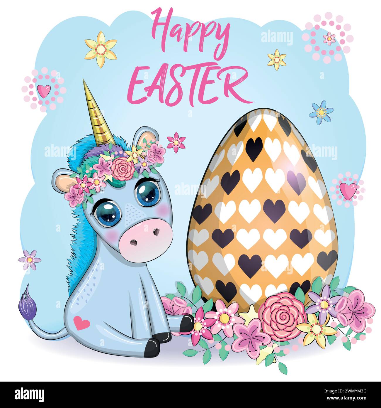 Easter unicorn cartoon character with easter egg, postcard Stock Vector ...