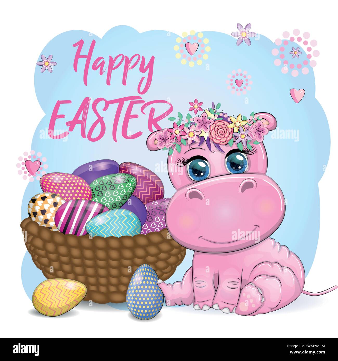 Cute cartoon hippo with Easter egg, Easter card Stock Vector Image ...