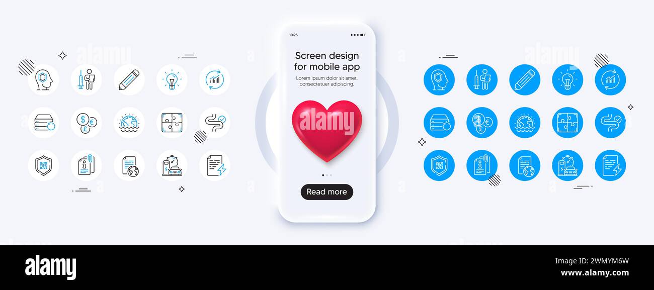 Charging station, Update data and Qr code line icons. For web app, printing. Phone mockup with ...