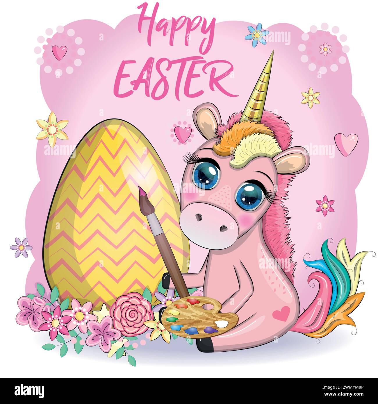 Easter unicorn cartoon character with easter egg, postcard Stock Vector ...