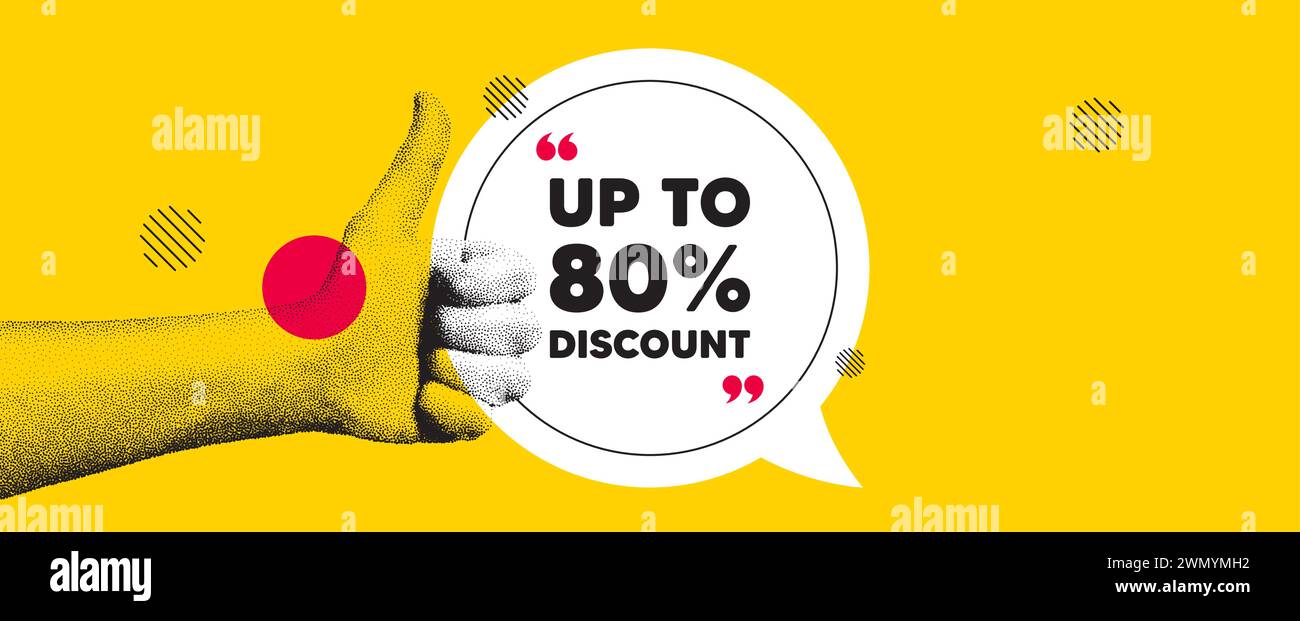 Up to 80 percent discount. Sale offer price sign. Hand showing thumb up ...