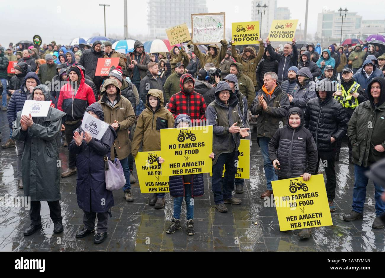 Members of the farming community protest outside the Senedd in Cardiff ...