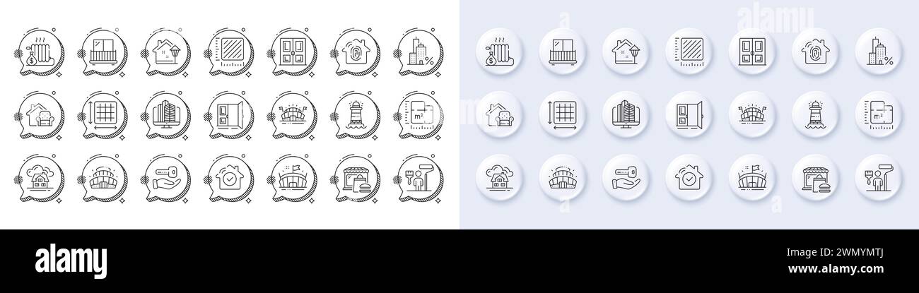 Balcony, Buying house and Arena line icons. For web app, printing. Line ...