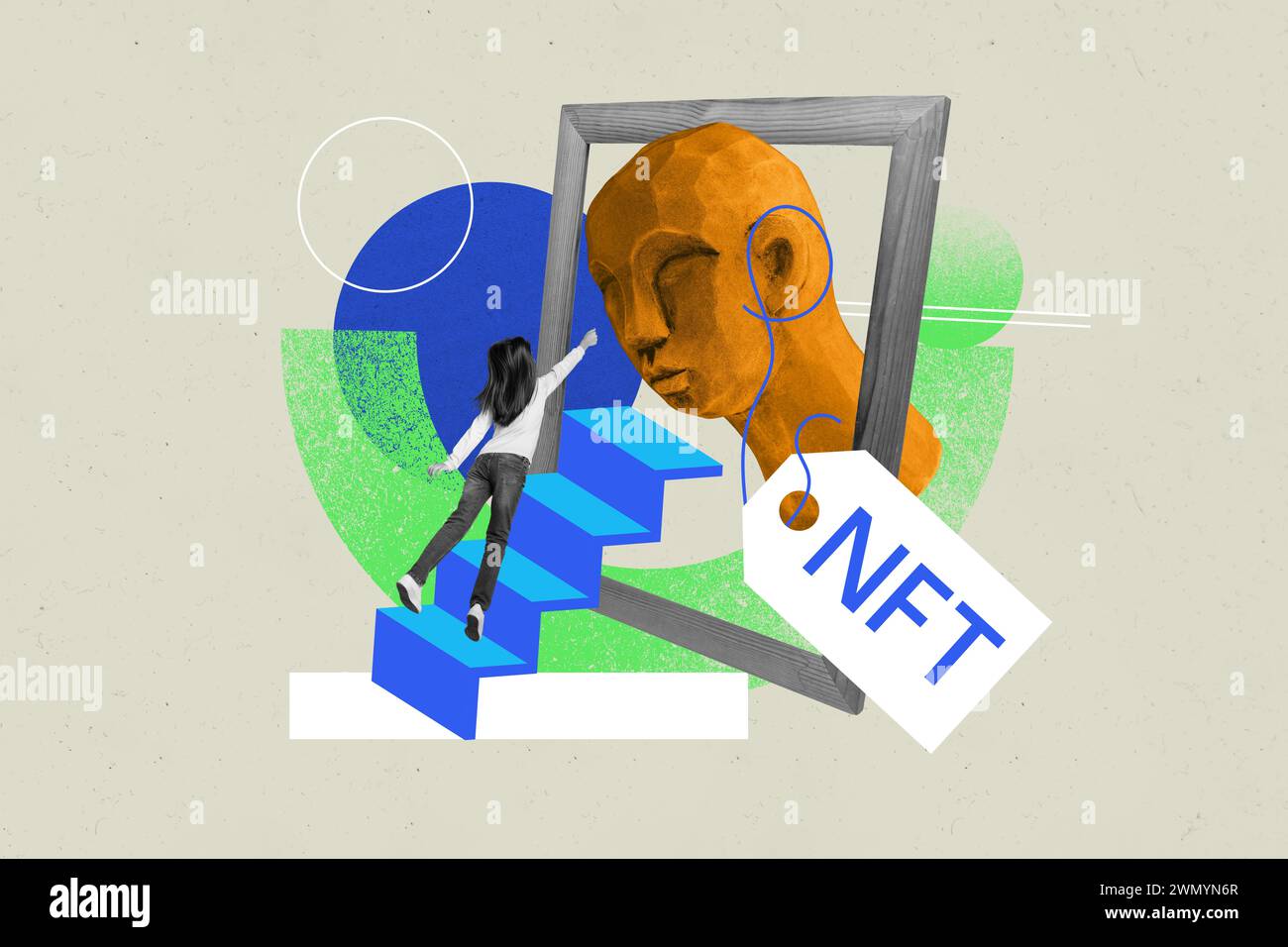 Creative collage young little kid girl reach photo picture frame statue ...