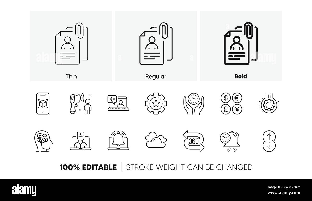 360 degree, Reminder and Settings gear line icons. For web app, printing. Line icons. Vector ...