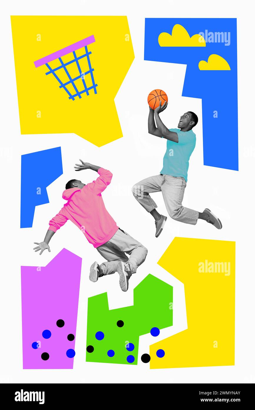 Vertical creative collage poster two basketball players throwing ball ...