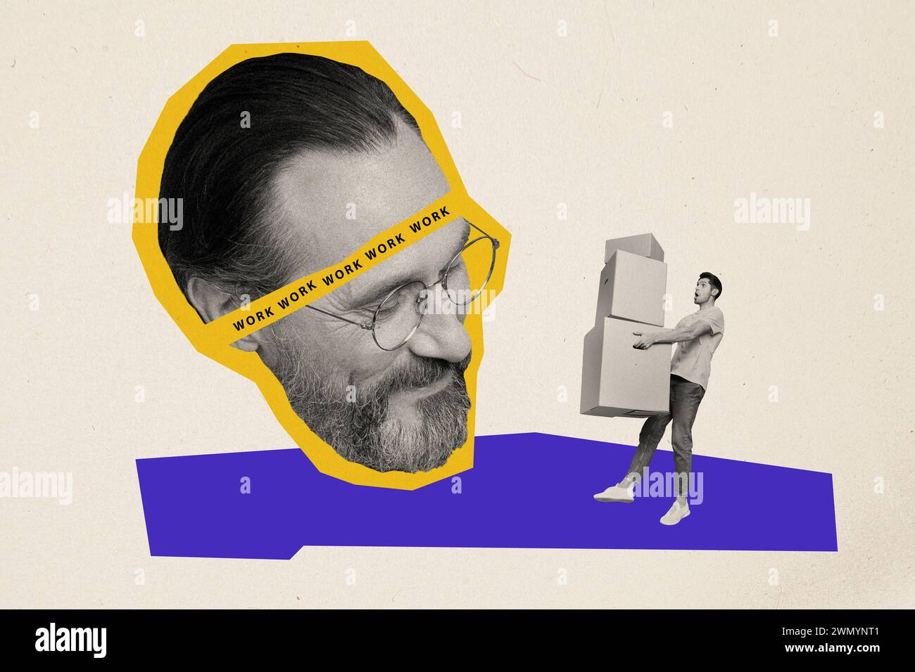 Creative photo collage young worker man loader carry heavy boxes ...