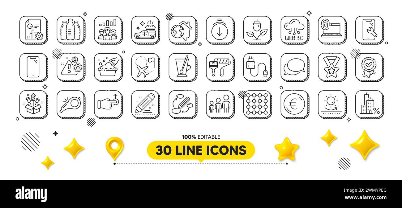 Charging cable, Brand contract and Food delivery line icons pack. For ...