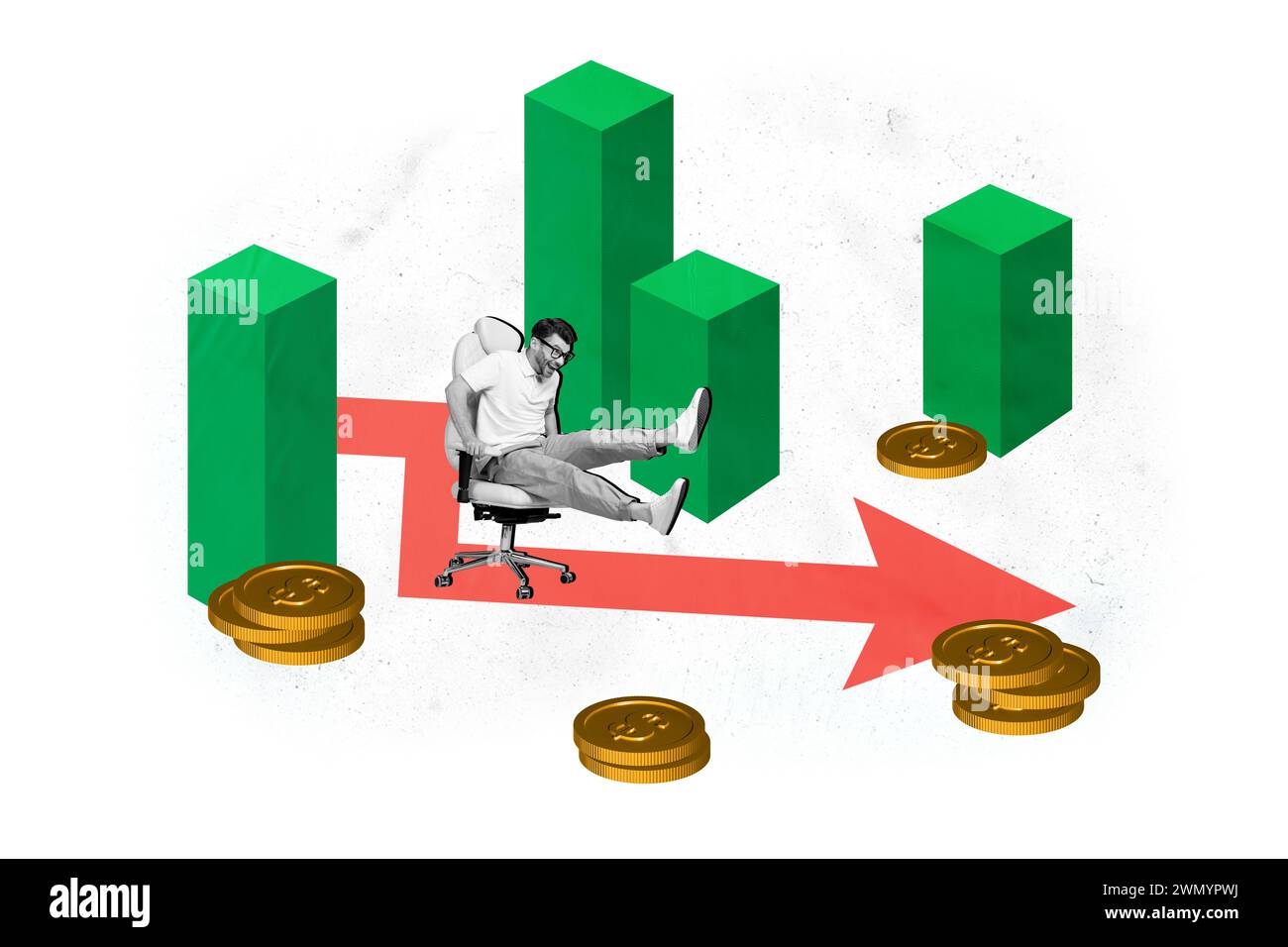 Composite graphics collage image of young joyful man ride office chair ...