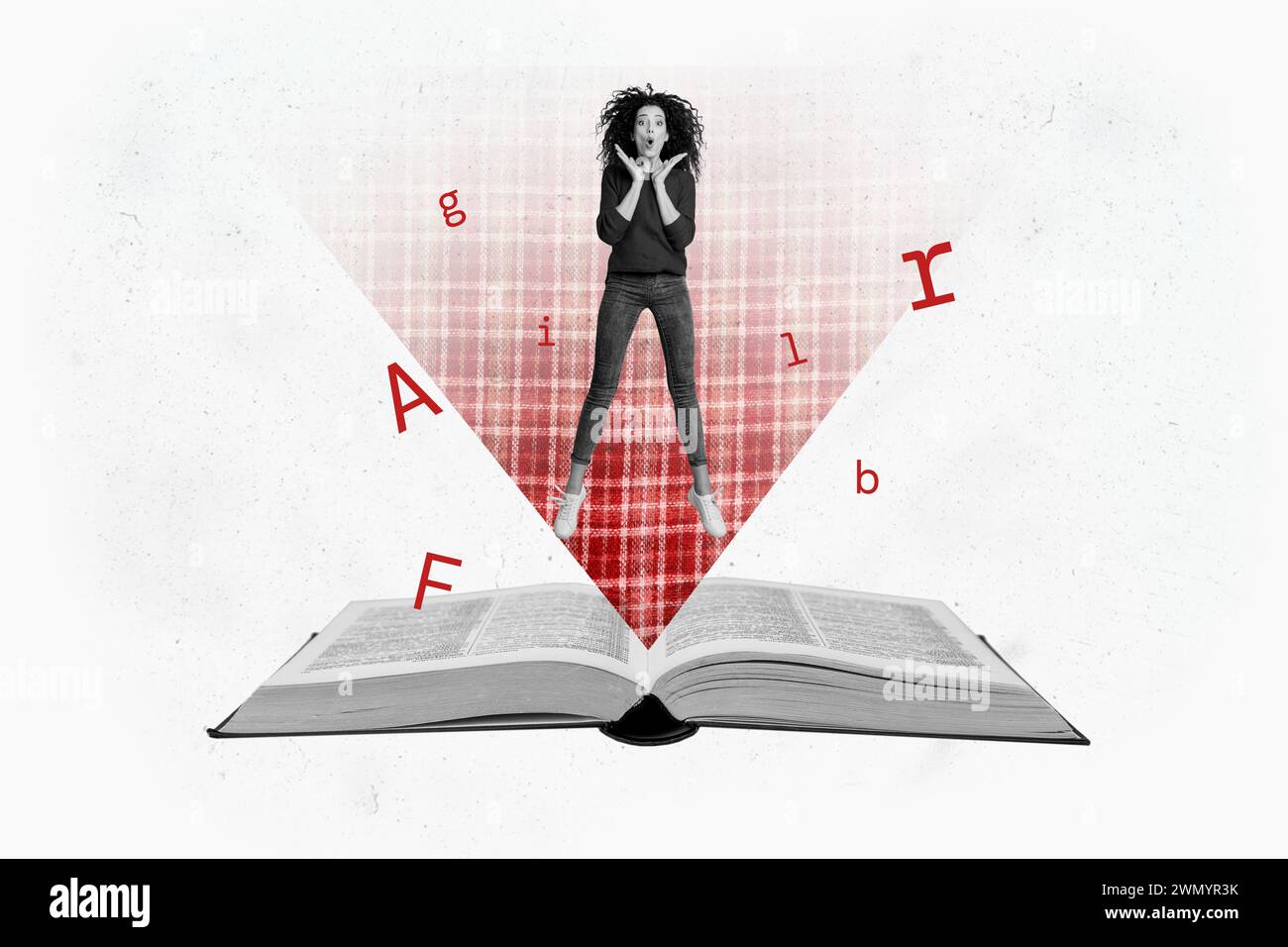 Composite graphics collage image of girl jump book letters light ...