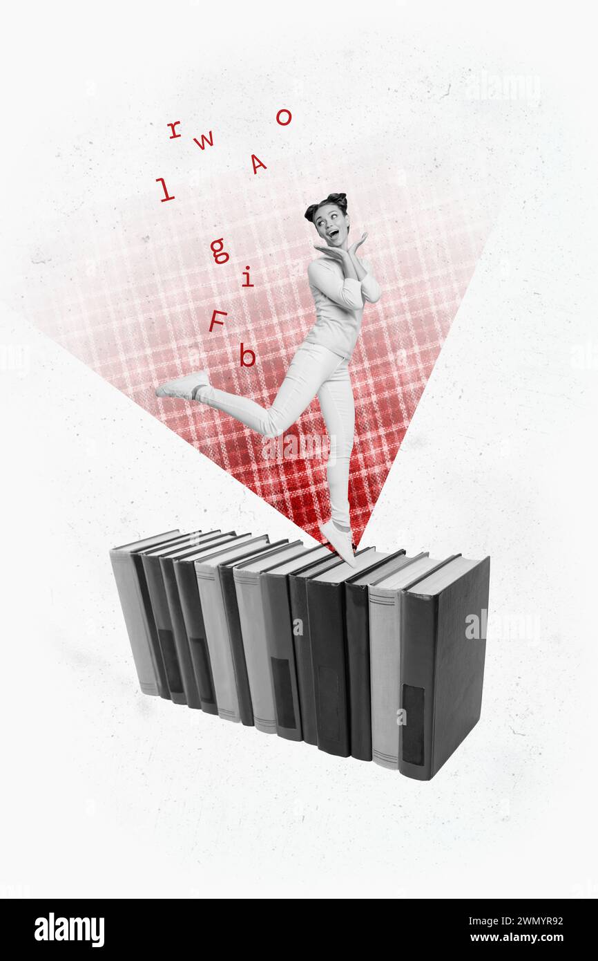 Vertical graphics collage image of young girl jump book row literature ...