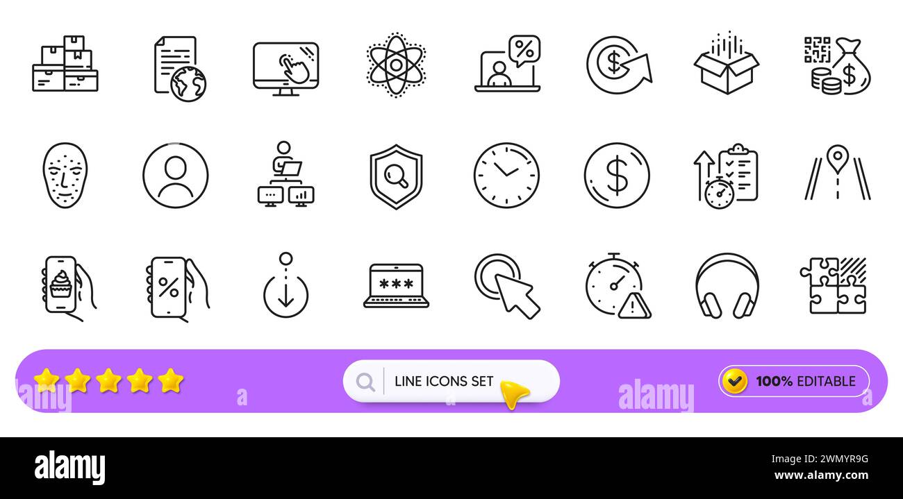 Qr code, Work home and Scroll down line icons for web app. Pictogram icon. Line icons. Vector ...