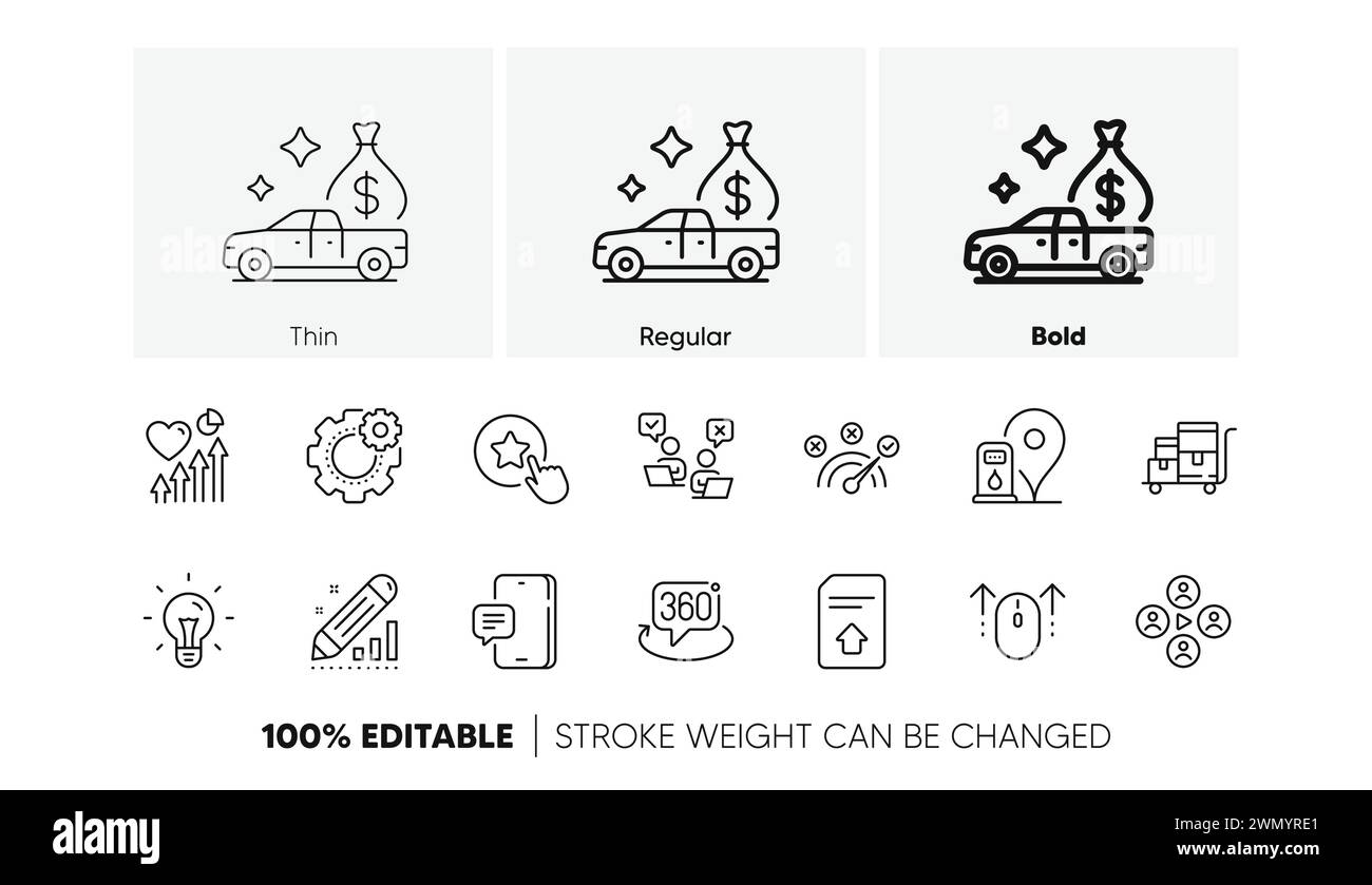 Cogwheel, Idea and Edit statistics line icons. For web app, printing. Line icons. Vector Stock ...