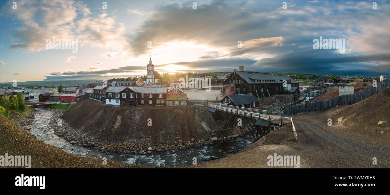 Super panorama of evening sun casts a warm glow over Roros, Norway ...