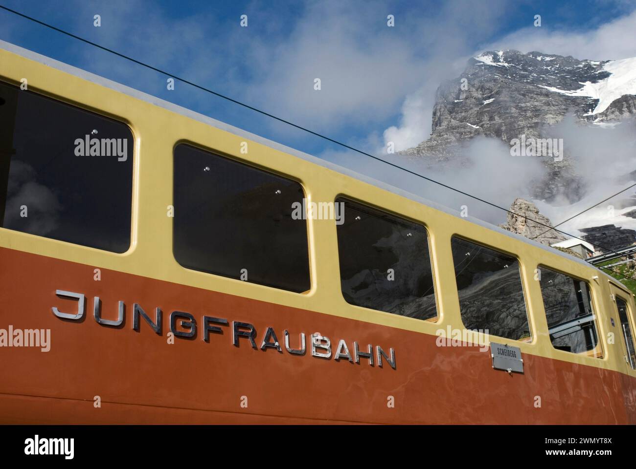 Jungfraubahn train under Eiger glacier at Eigergletscher station in ...