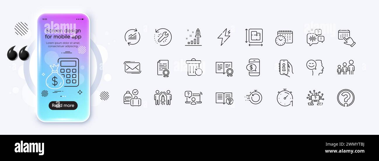Teamwork question, Help and Recovery trash line icons for web app. Pictogram icon. Phone mockup ...