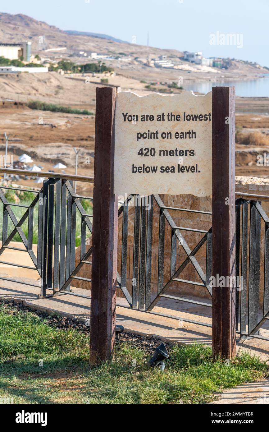 Dead Sea, Jordan - A sign showing the lowest place on earth Stock Photo ...