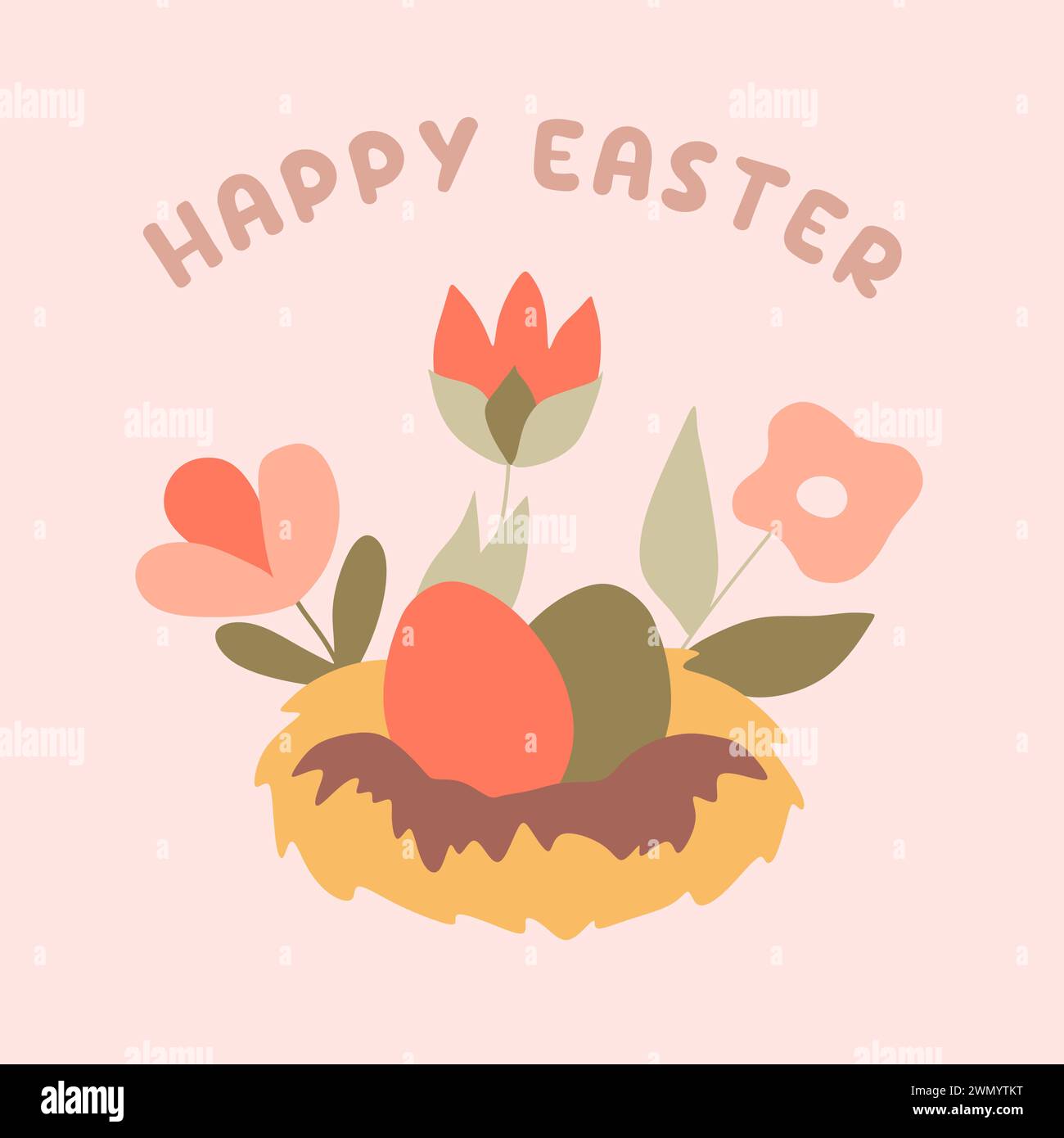 Easter Birds Nest with Painted eggs, Flowers and Text Happy Easter ...