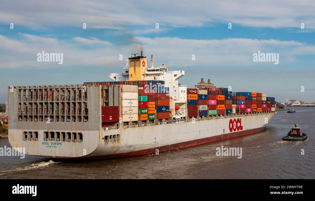 Savannha, Georgia, USA - 20 February 2024: A Cargo Ship with containers ...