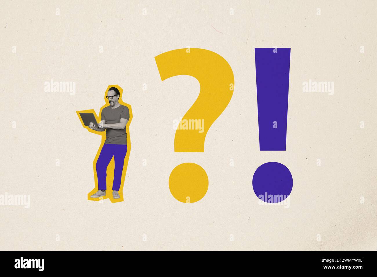 Photo collage young standing man hold laptop browsing remote freelance ...