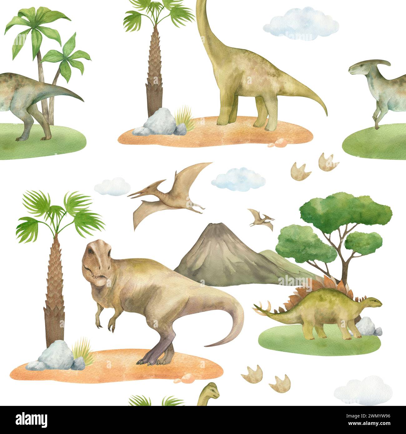 Watercolor seamless pattern with illustration of a dinosaurs on green ...