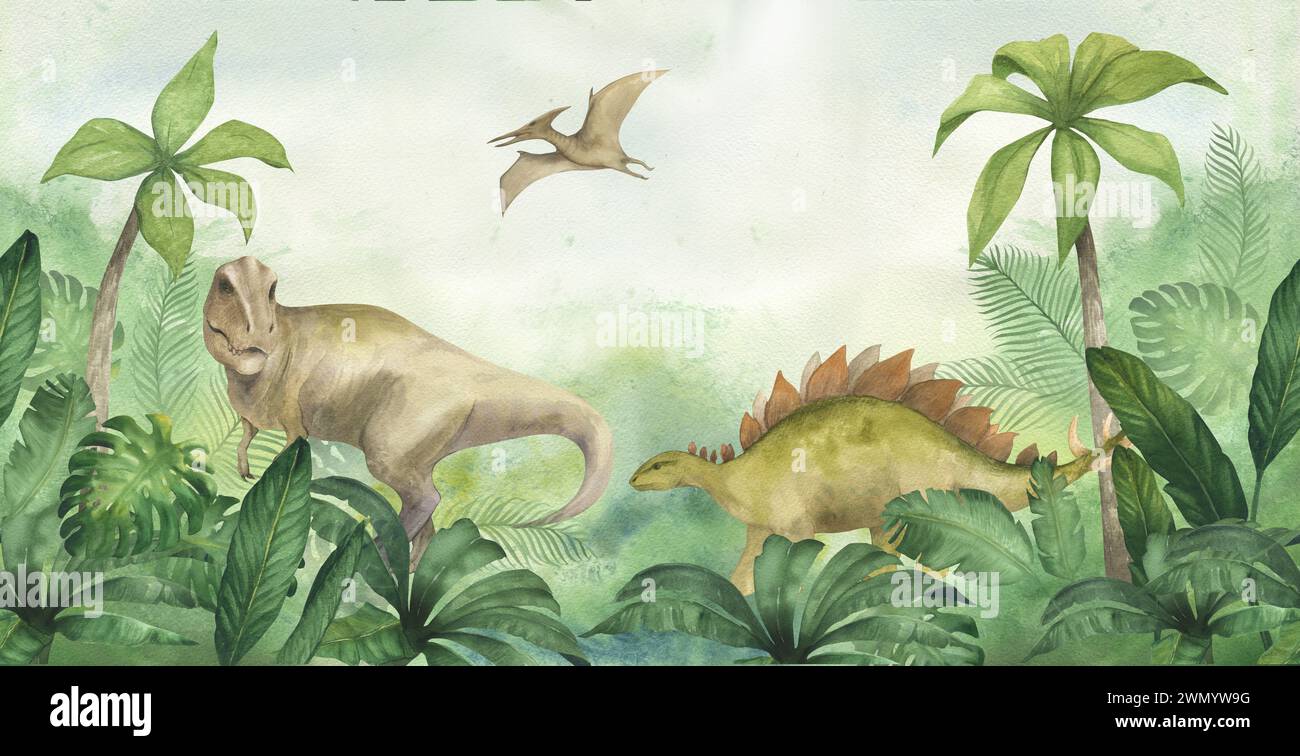 Watercolor illustration of banner or frame with a dinosaur ...