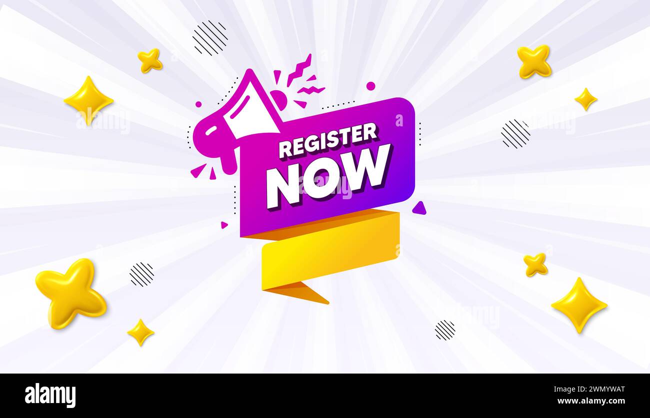Register now paper banner. Free registration tag. Offer sunburst ray ...