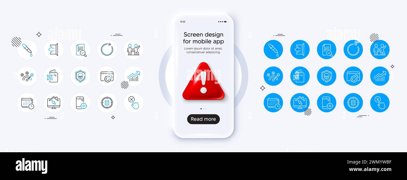 Teamwork, Demand curve and Correct answer line icons. For web app, printing. Phone mockup with ...