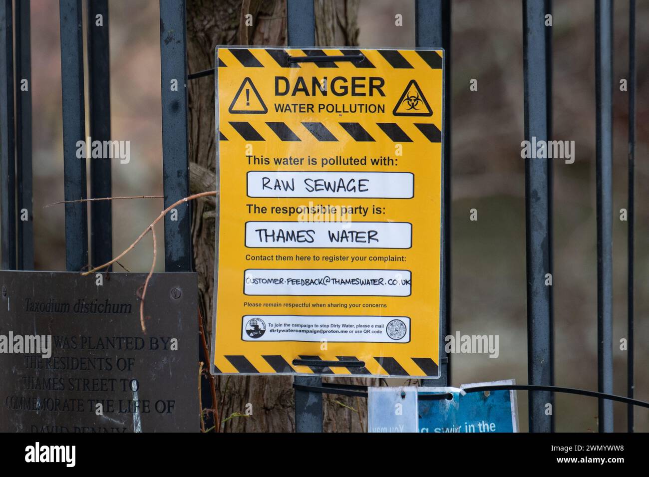 Sonning, Berkshire, UK. 28th February, 2024. A Danger, Raw Sewage sign ...