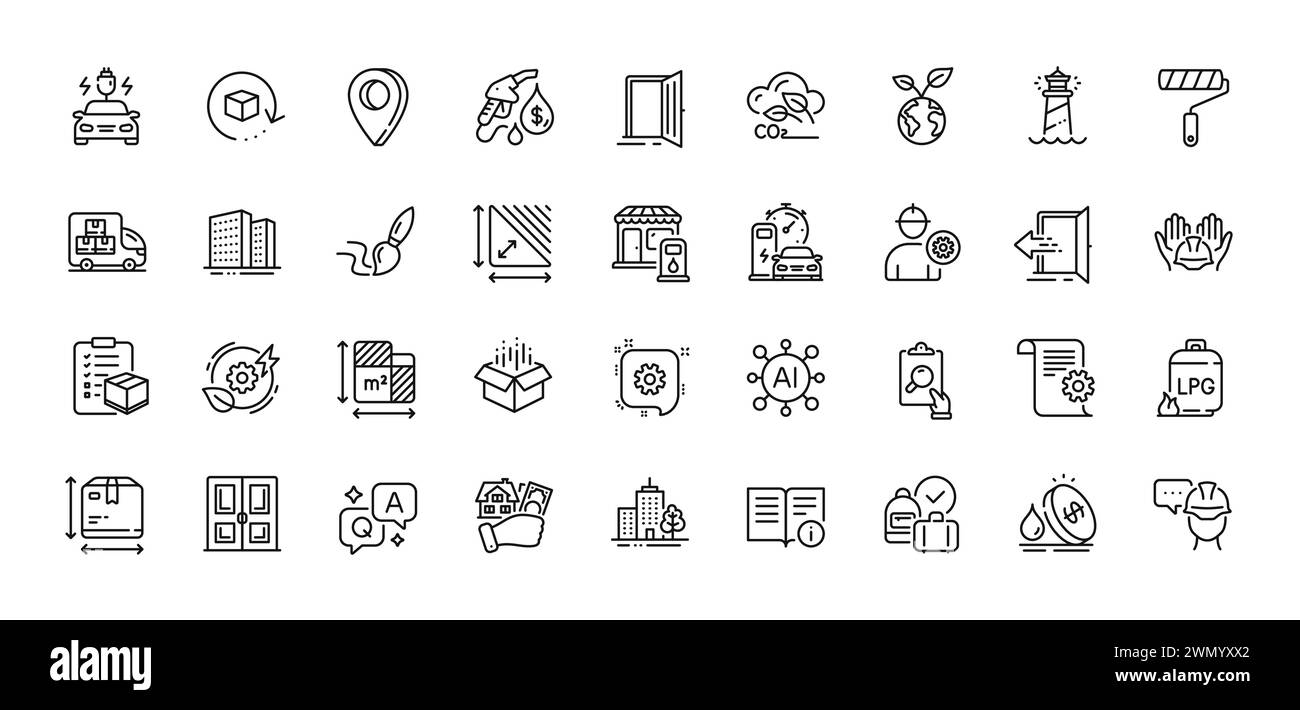 Buying house, Petrol station and Brush line icons pack. For web app. Line icons. Vector Stock ...