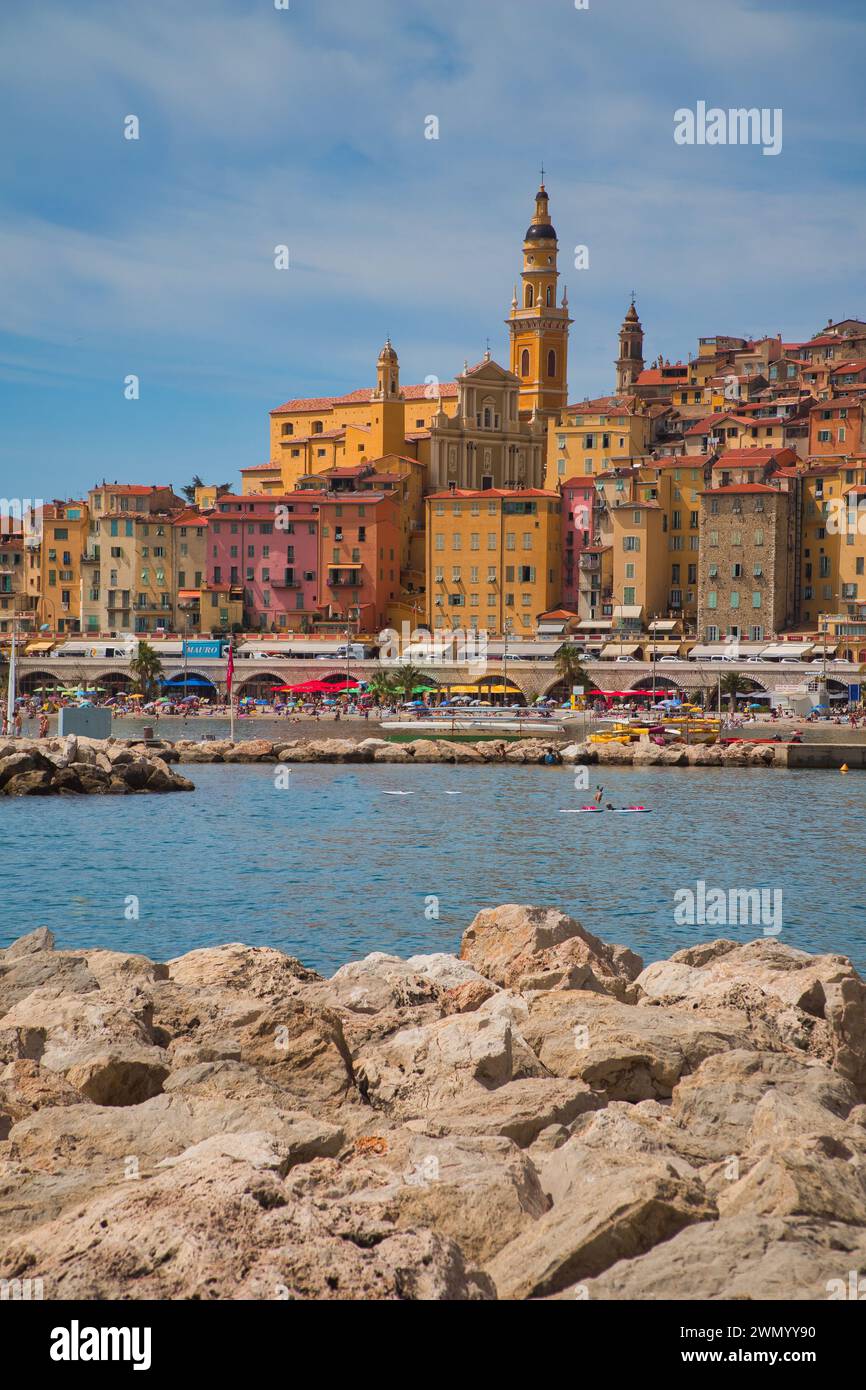 Menton,France- August 5,2021: Panoramic view of colorful old town ...