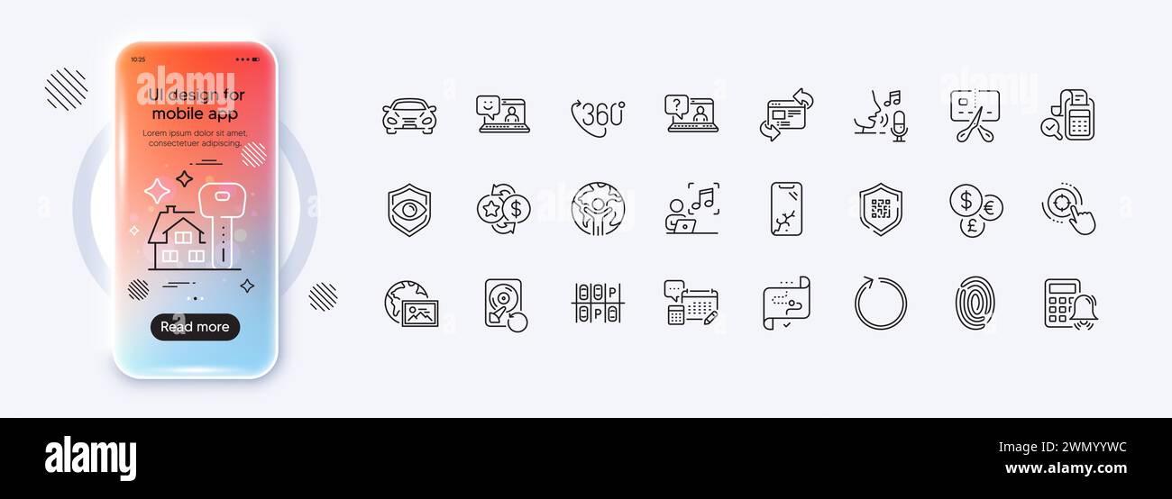 Smartphone broken, Fingerprint and Loop line icons for web app. Pictogram icon. Phone mockup ...