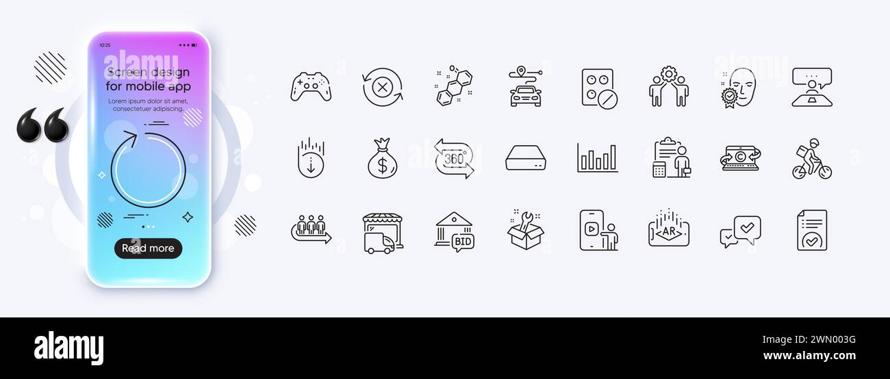 Chemical formula, Loop and Spanner line icons for web app. Pictogram icon. Phone mockup gradient ...