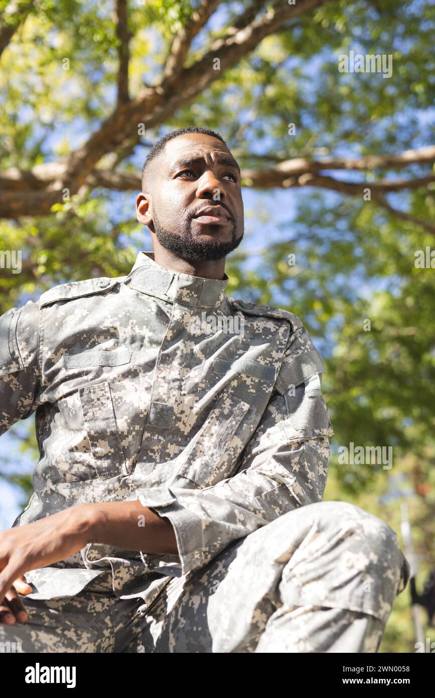 African American soldier in military uniform sits under a tree, looking ...