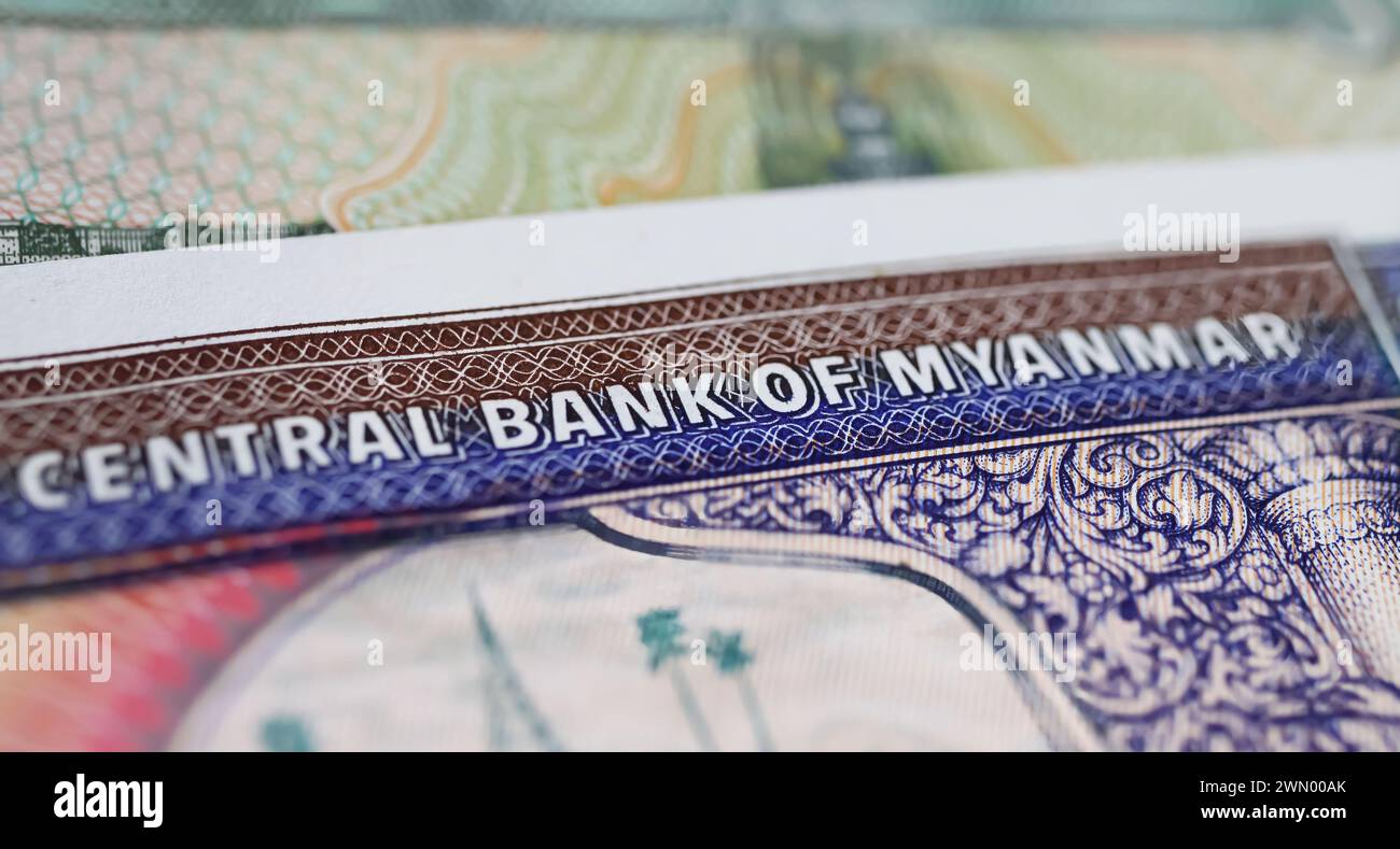 Closeup of Myanmar central bank Kyats currency banknote of (focus on ...