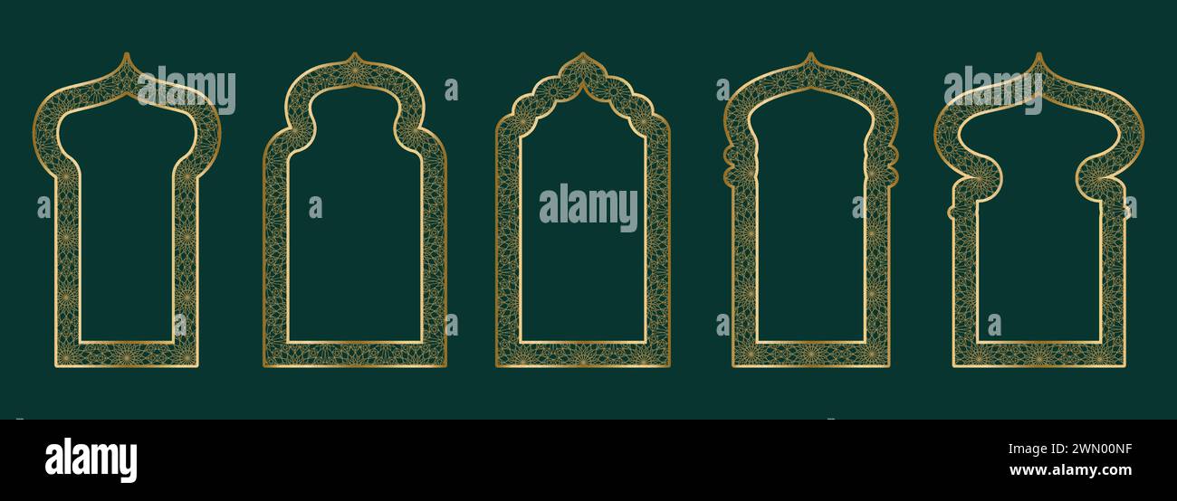 Gold ornament arch frame shape Islamic door or window with geometric ...