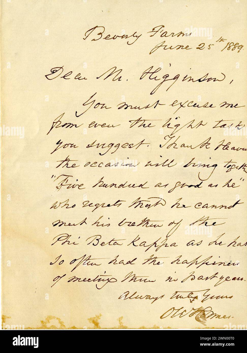 Handwritten letter from Oliver Wendell Holmes, 1889 June 25 ...