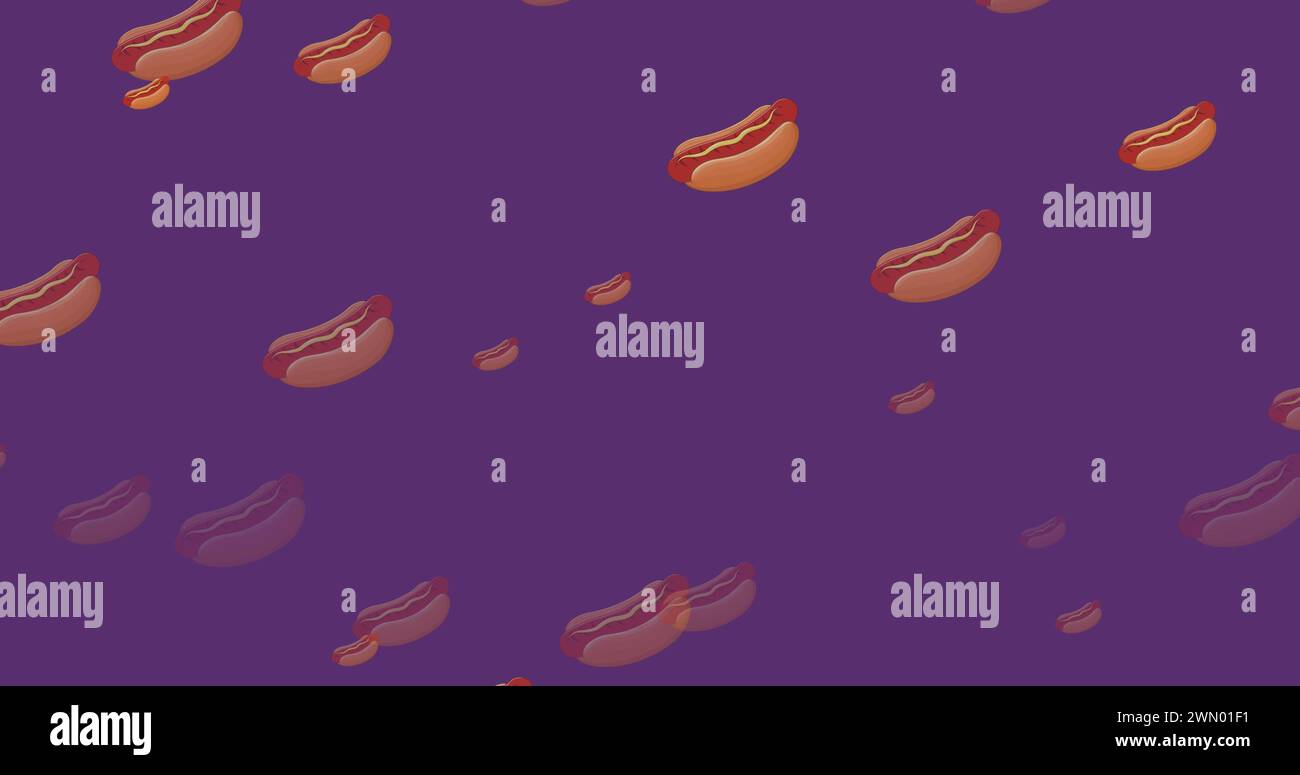 Image of falling hot dogs icons on purple background Stock Photo - Alamy