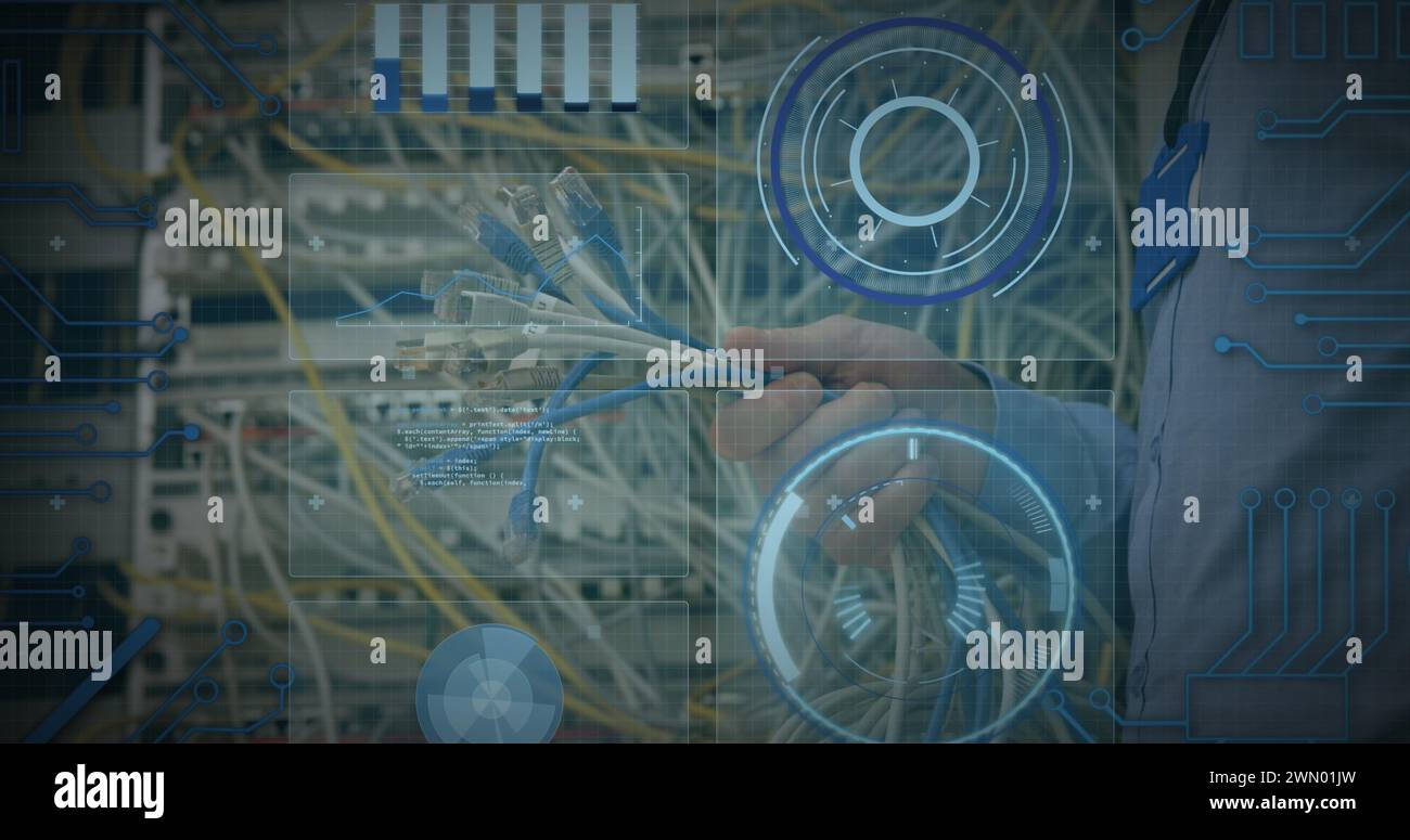 Image of data processing over hands of caucasian male engineer ...