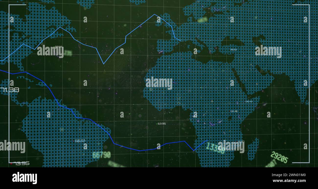 Image of viewfinder, data processing and world map on black background ...