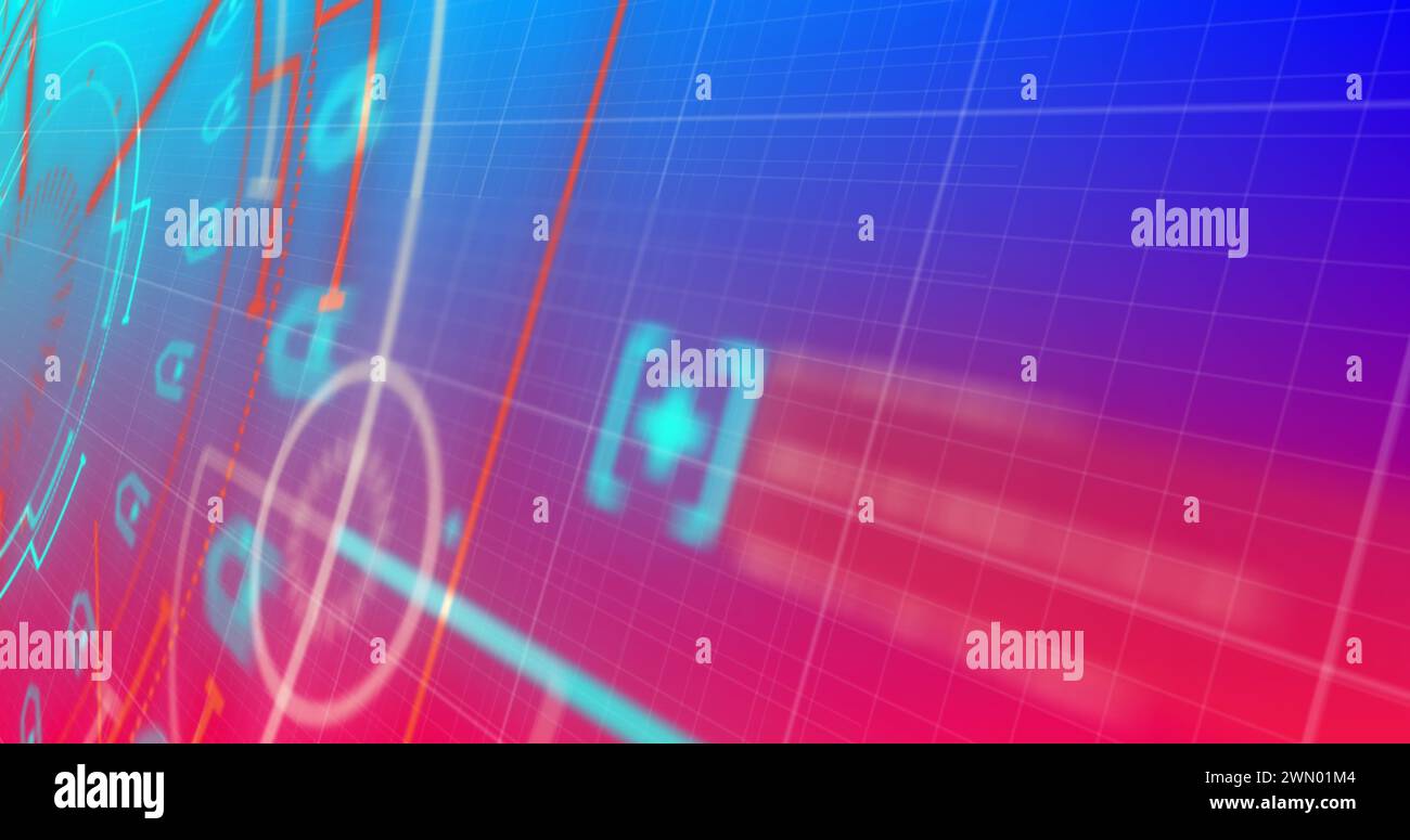 Image of multiple round scanners and data processing against gradient purple and blue background ...