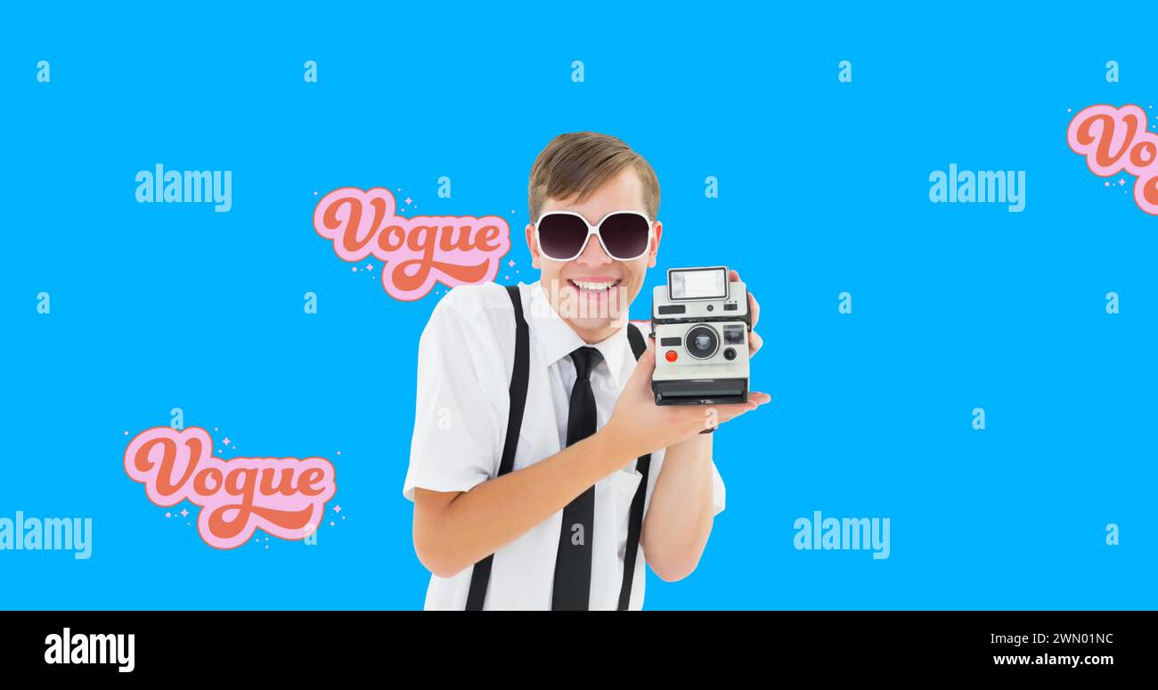 Image of retro vogue text over male photographer with vintage camera on ...