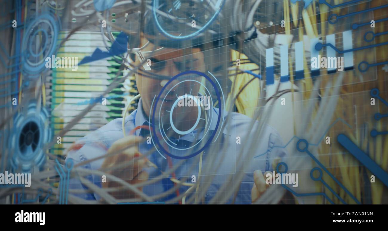 Image of data processing over hands of caucasian male engineer ...